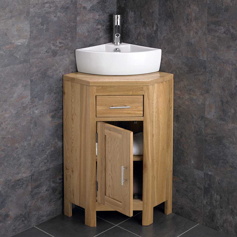 Small Corner Storage Cloakroom Oak Cabinet + Corner Basin Set ALTAS ...