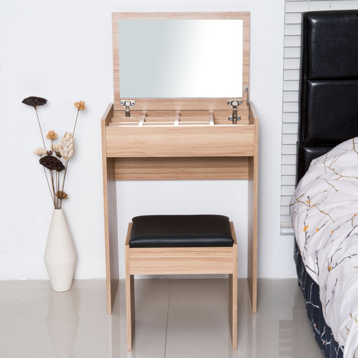 Two Piece Dressing Table Set With Padded Stool Flip Up Mirror Natural ...