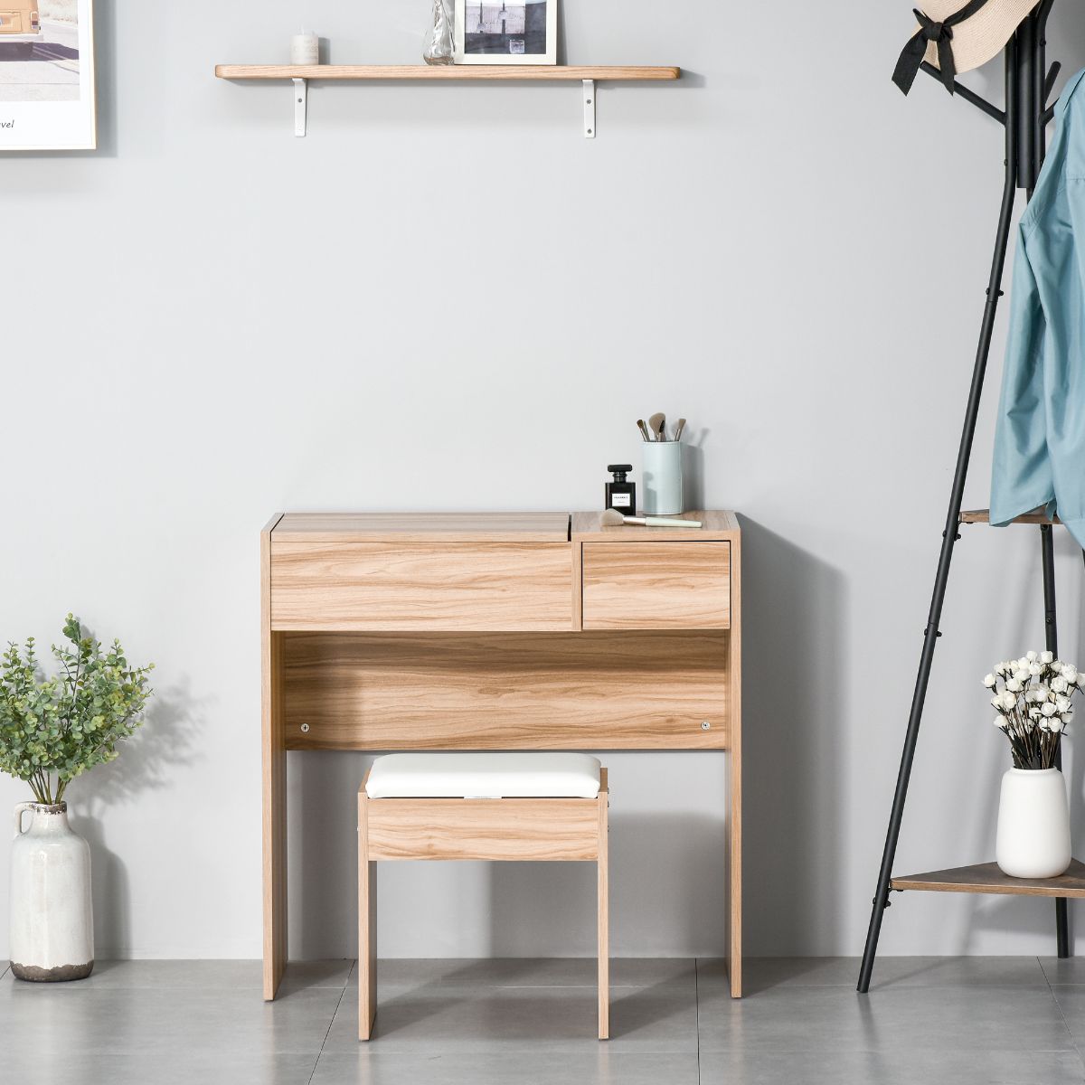 Two Piece Dressing Table Set With Padded Stool Flip Up Mirror And ...