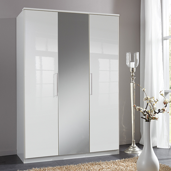 Bruce Mirrored 3 Doors Wardrobe In White With High Gloss Fronts ...