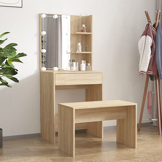 Adhra Wooden Dressing Table Set In Sonoma Oak With LED Lights ...