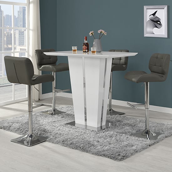 Memphis Glass White High Gloss Bar Table 4 Candid White Stools ...