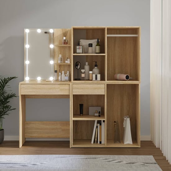 Varro Wooden Dressing Set In Sonoma Oak With 2 Cabinets And LED ...