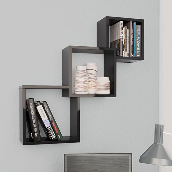 Javana High Gloss Cube Wall Shelf In Black - MySmallSpace UK
