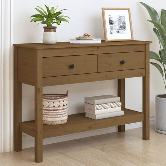 Orsin Pine Wood Console Table With 2 Drawers In Honey Brown ...