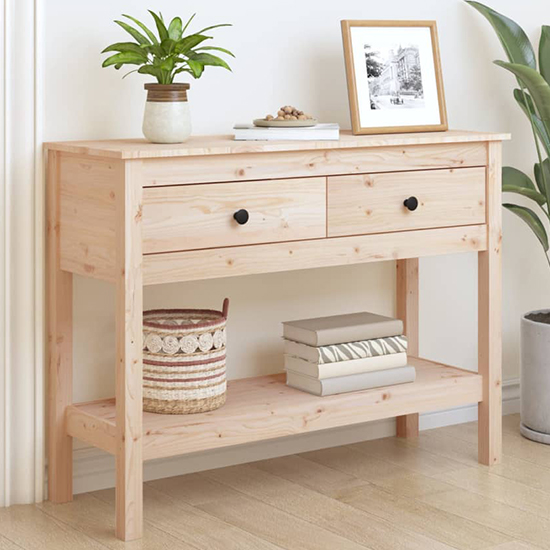 Orsin Pine Wood Console Table With 2 Drawers In Natural - MySmallSpace UK