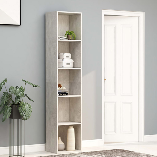 Peniel Tall Wooden Bookcase With 5 Shelves In Concrete Effect ...
