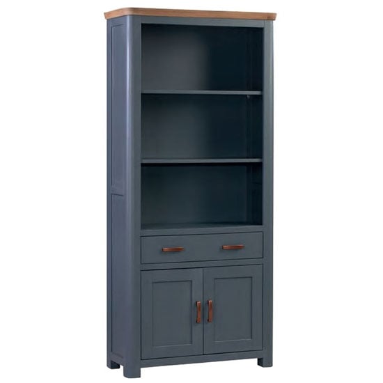 Trevino High Wooden Bookcase In Midnight Blue And Oak - MySmallSpace UK